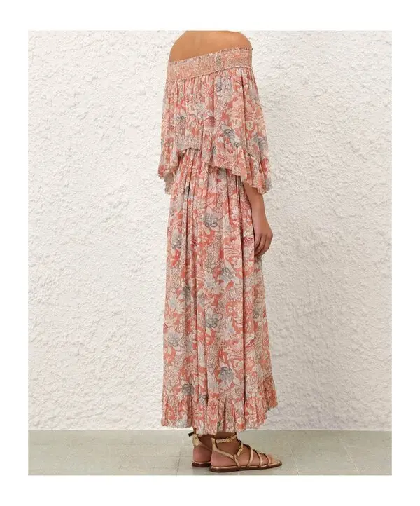Zimmermann Off-shoulder Ruffled Maxi Dress With Graphic Print