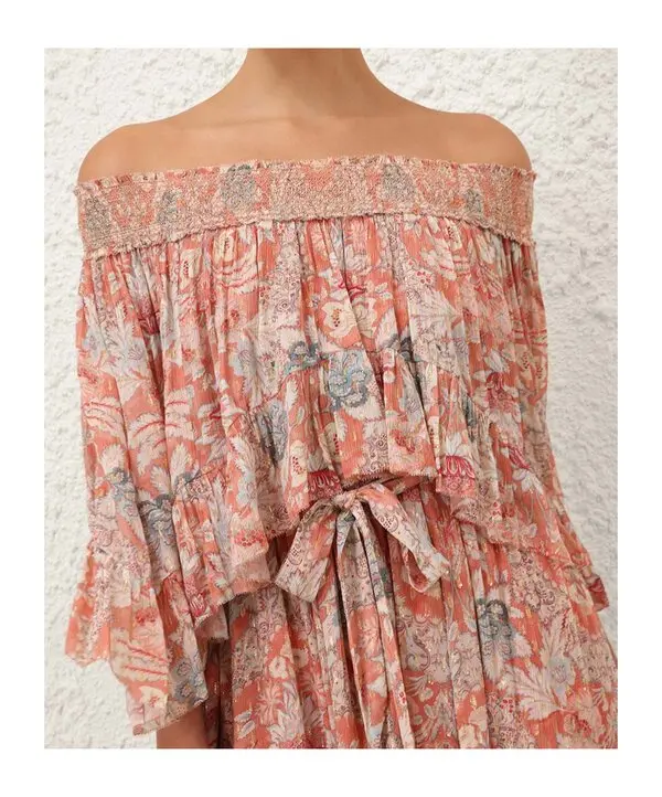 Zimmermann Off-shoulder Ruffled Maxi Dress With Graphic Print