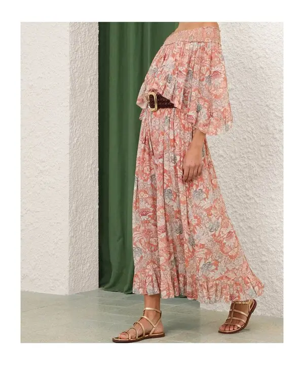 Zimmermann Off-shoulder Ruffled Maxi Dress With Graphic Print