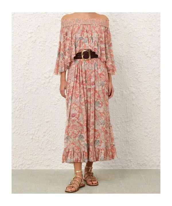 Zimmermann Off-shoulder Ruffled Maxi Dress With Graphic Print