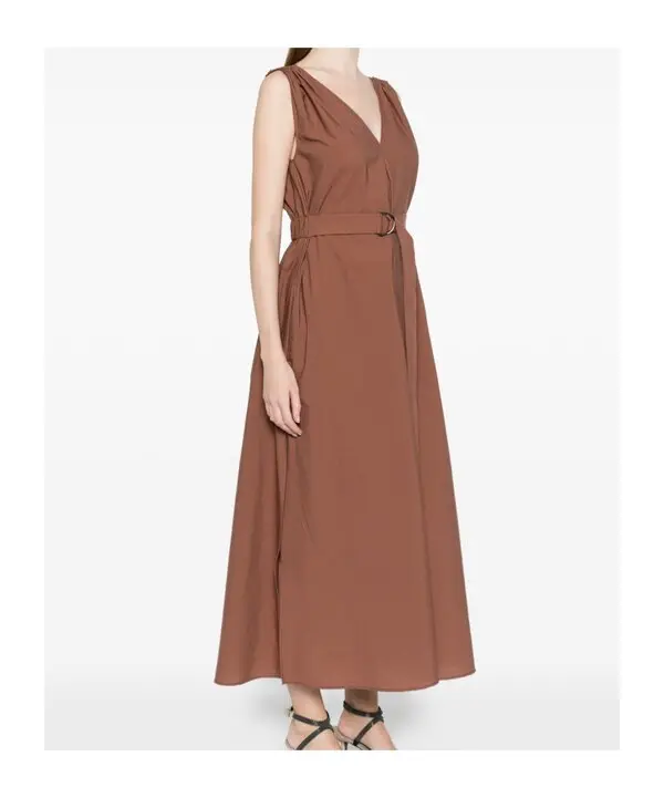 Brunello Cucinelli Sleeveless V-neck Belted Maxi Dress - Brown