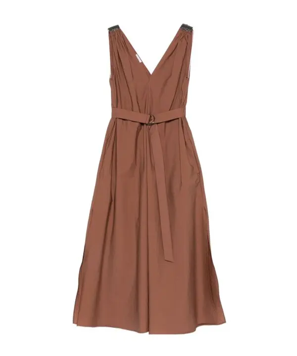 Brunello Cucinelli Sleeveless V-neck Belted Maxi Dress - Brown