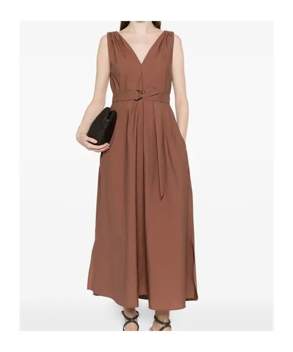 Brunello Cucinelli Sleeveless V-neck Belted Maxi Dress - Brown