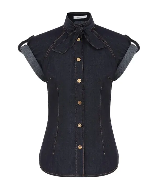 Zimmermann Short-sleeved Denim Shirt With Tie Neck - Black