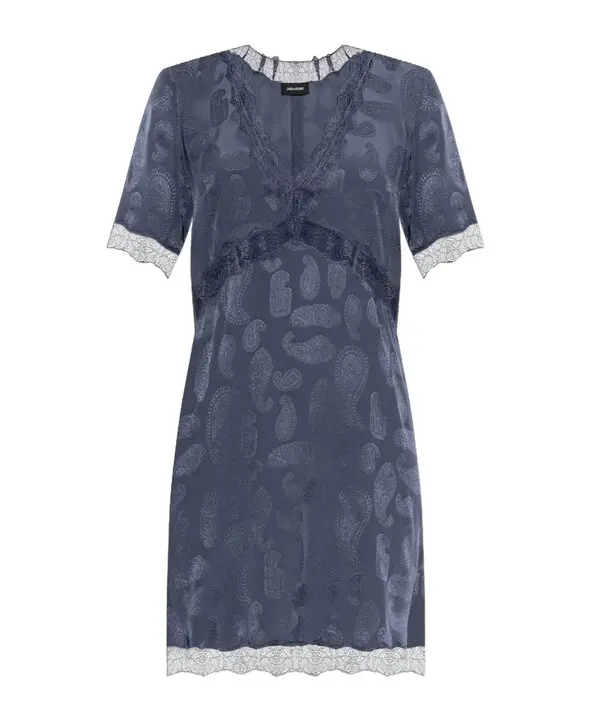 Zadig&Voltaire Paisley Pattern V-neck Short Sleeve Lace Trim Dress - Blue
