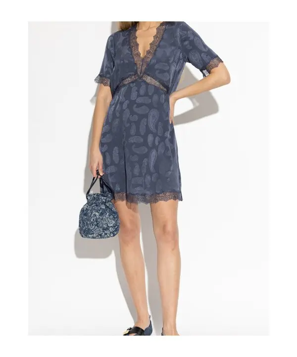 Zadig&Voltaire Paisley Pattern V-neck Short Sleeve Lace Trim Dress