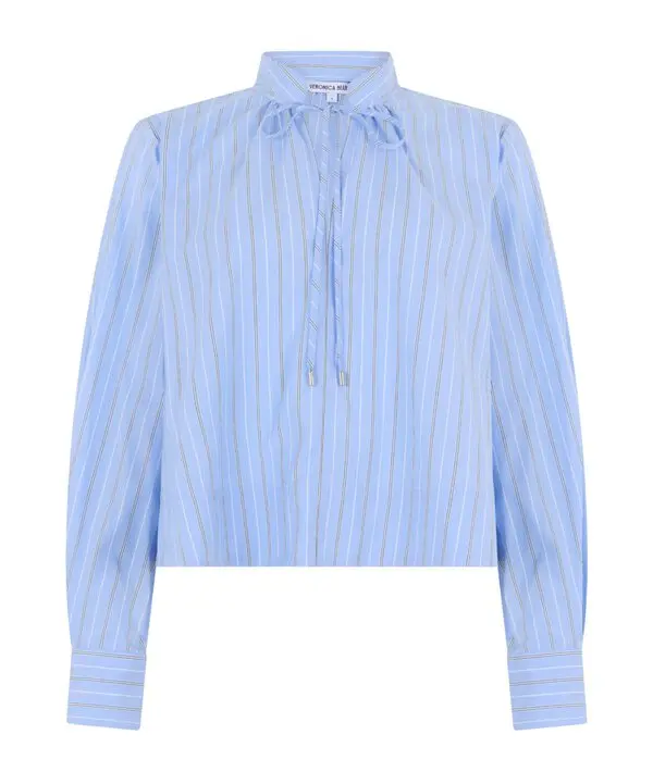 Veronica Beard Striped Cropped Tie-neck Top - Light Blue