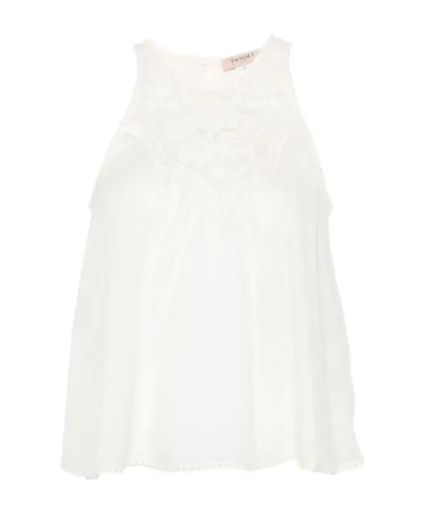 TWINSET Sleeveless Round Neck Blouse With Lace Details And Scalloped Trim - White