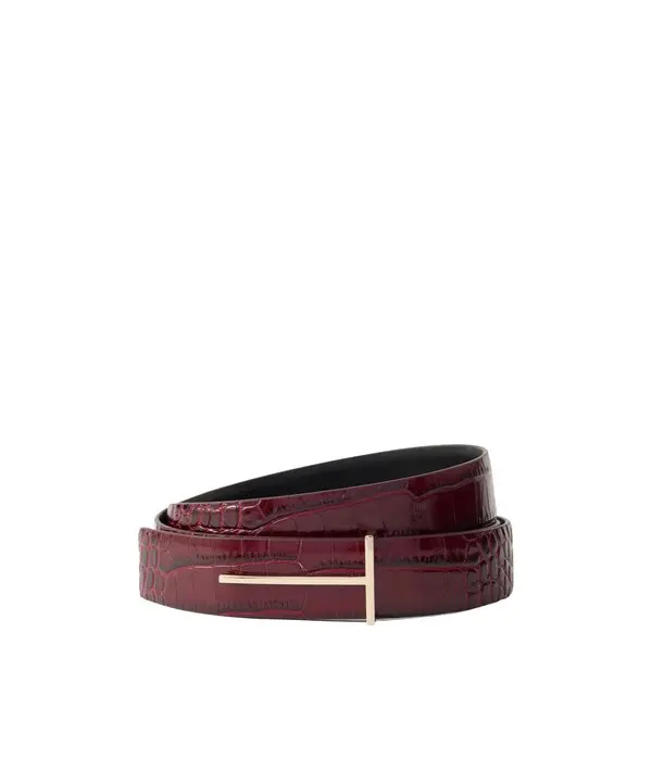TOM FORD Crocodile Effect Leather Belt With Gold Tone Buckle - Red