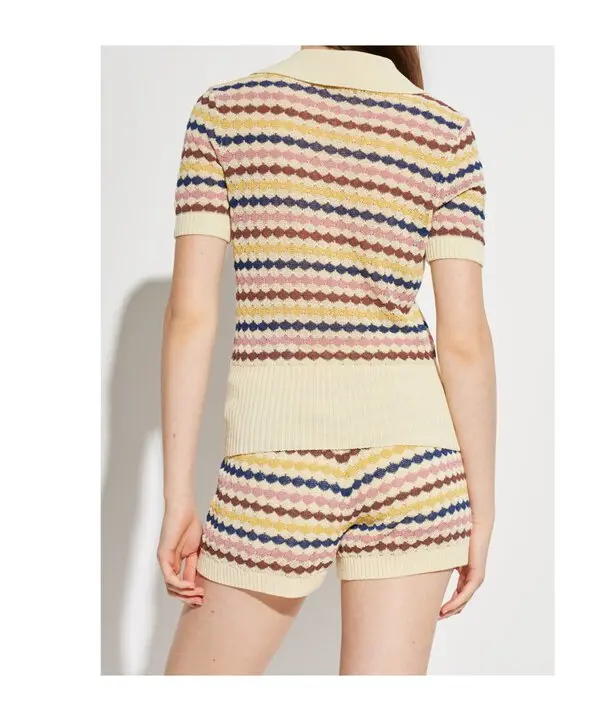 Zimmermann Awaken Scallop Knit Polo Top - Multi Stripe
