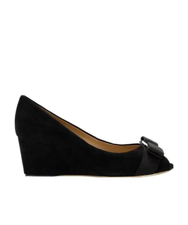 FERRAGAMO Suede Bow Wedge Heels
