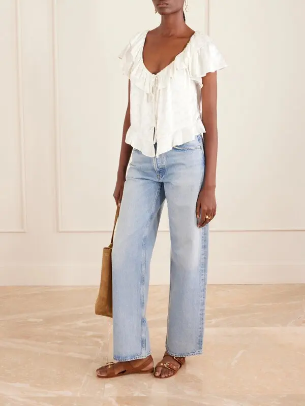 DÔEN Ruffled Satin-jacquard Blouse - White