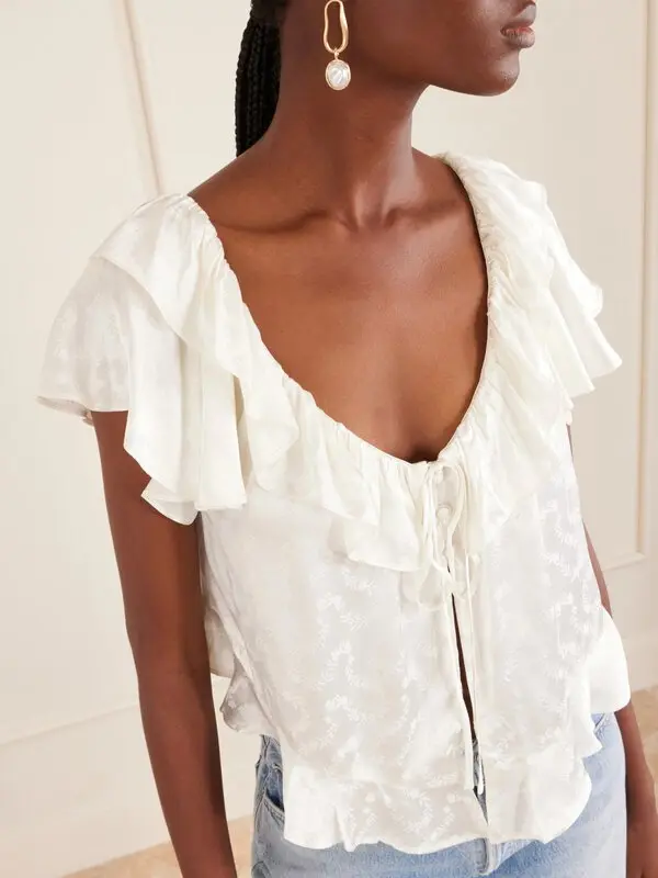 DÔEN Ruffled Satin-jacquard Blouse - White