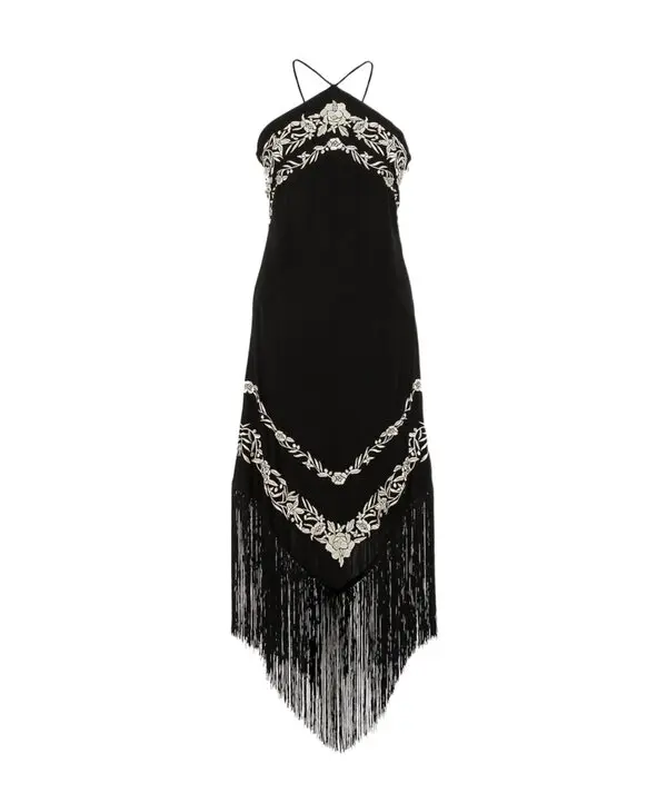 TWINSET Sleeveless Embroidered Fringe Dress - Black