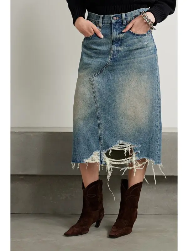 R13 Jesse Distressed Denim Midi Skirt