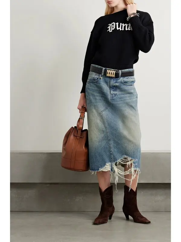 R13 Jesse Distressed Denim Midi Skirt