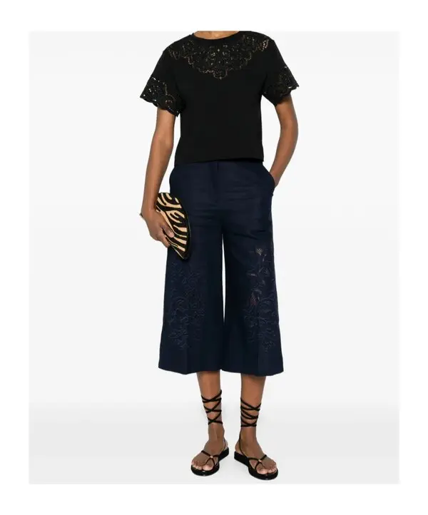 TWINSET Floral Embroidered Wide-leg Cropped Pants