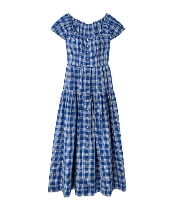 DÔEN Checked Organic Cotton Midi Dress With Puff Sleeves And Tiered Silhouette - Blue
