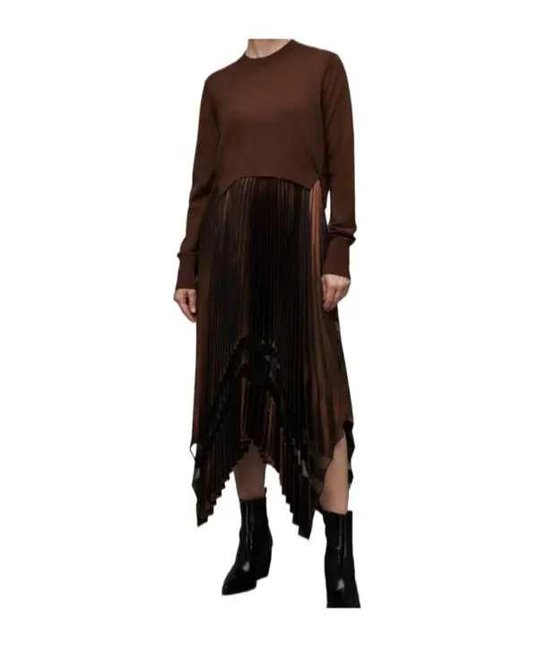 ALLSAINTS Metallic Foil Pleated Midi Dress