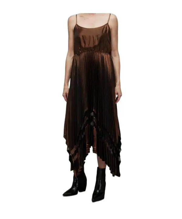 ALLSAINTS Metallic Foil Pleated Midi Dress