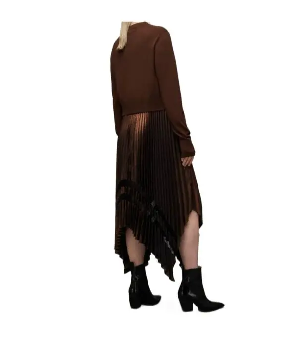 ALLSAINTS Metallic Foil Pleated Midi Dress