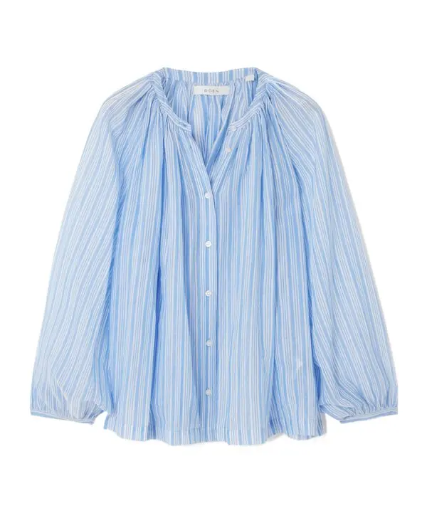 DÔEN Striped Organic Cotton-voile Blouse With Voluminous Sleeves - Blue