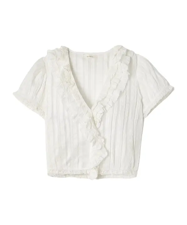 DÔEN Bernadette Ruffled Lace-trim Blouse In Organic Cotton - White