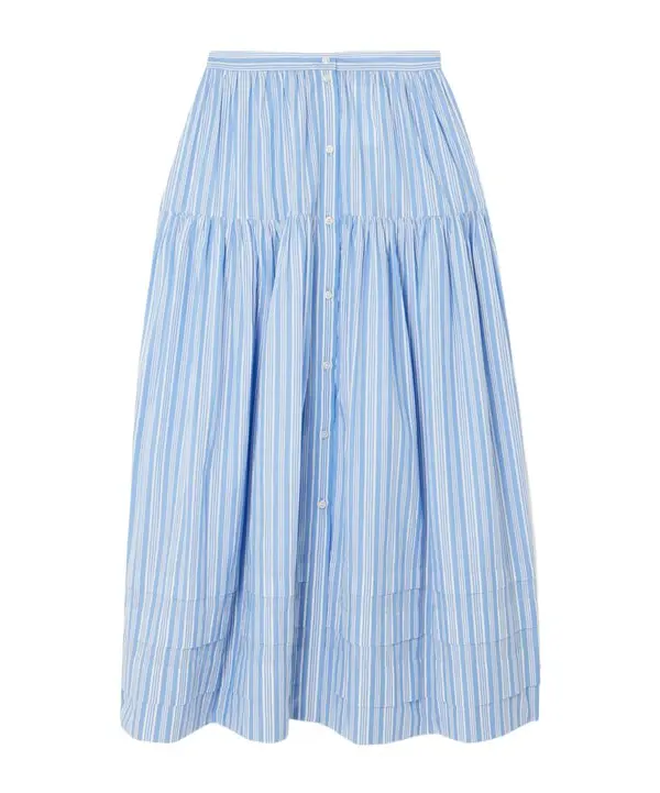 DÔEN Striped Tiered Midi Skirt - Blue