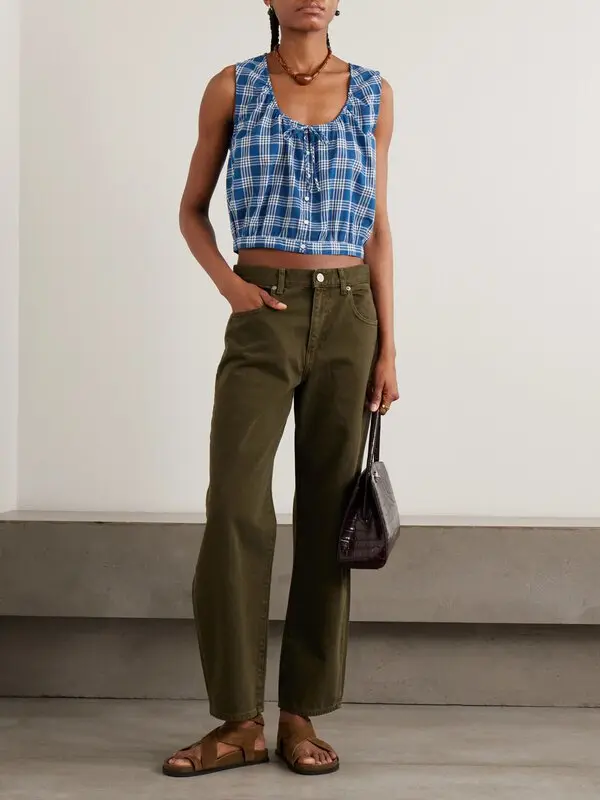 DÔEN Theo Cropped Checked Organic Cotton Top - Blue