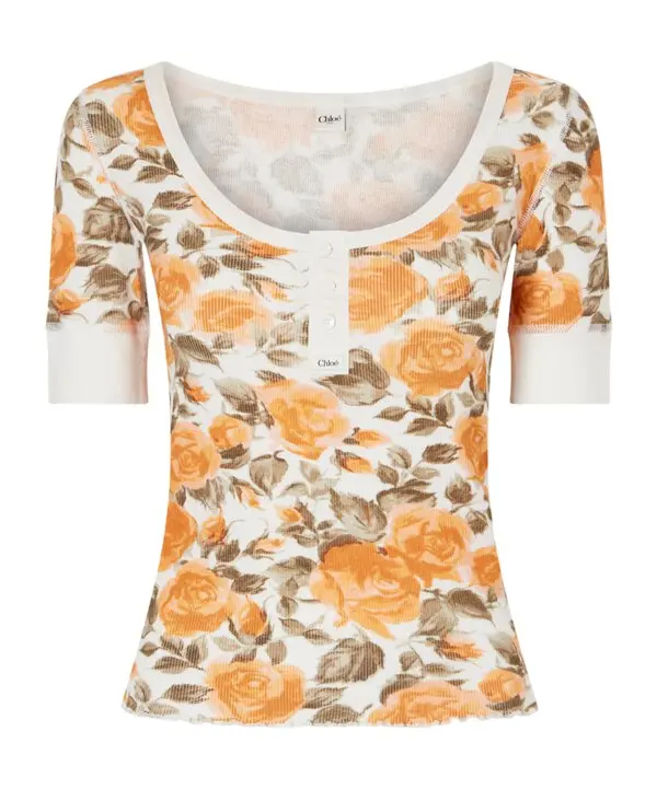 Chloé Floral-print Ribbed Stretch-cotton Jersey T-shirt - Orange, Green, White