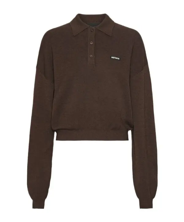 ROTATE BY BIRGER CHRISTENSEN Long Sleeve Cropped Knit Polo Shirt - Dark Brown