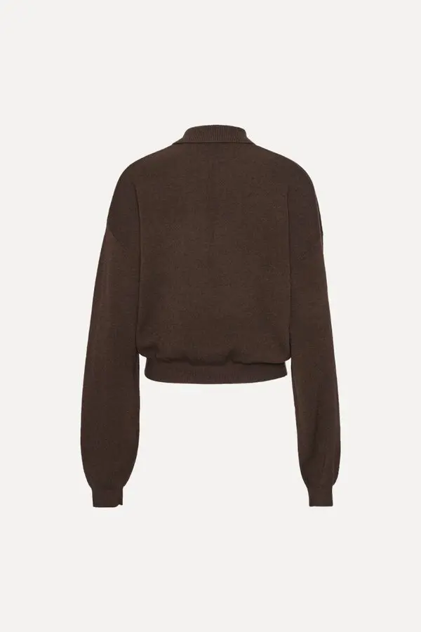 ROTATE BY BIRGER CHRISTENSEN Long Sleeve Cropped Knit Polo Shirt - Dark Brown