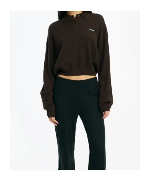 ROTATE BY BIRGER CHRISTENSEN Long Sleeve Cropped Knit Polo Shirt - Dark Brown