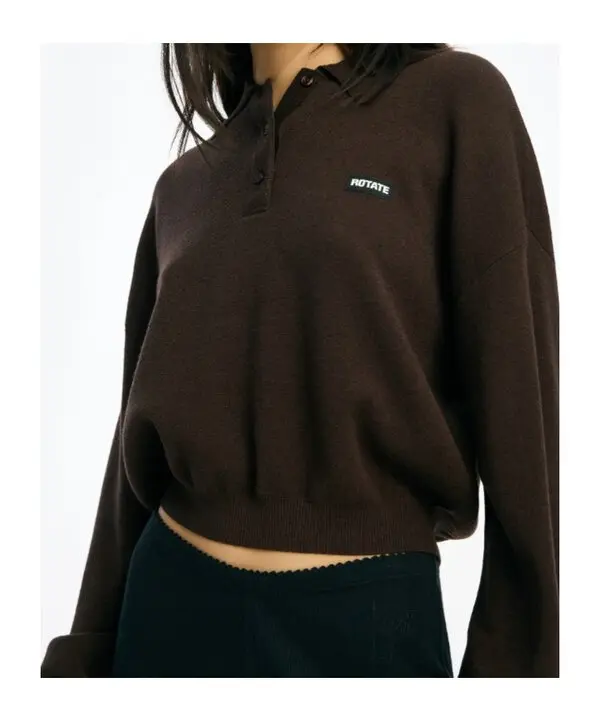 ROTATE BY BIRGER CHRISTENSEN Long Sleeve Cropped Knit Polo Shirt - Dark Brown