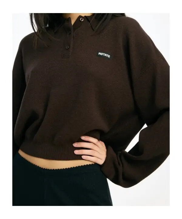 ROTATE BY BIRGER CHRISTENSEN Long Sleeve Cropped Knit Polo Shirt - Dark Brown