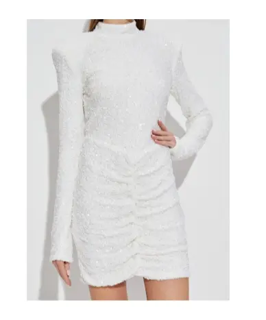ROTATE BY BIRGER CHRISTENSEN Long-sleeved Sequin Mini Dress With Pleated Hem - White