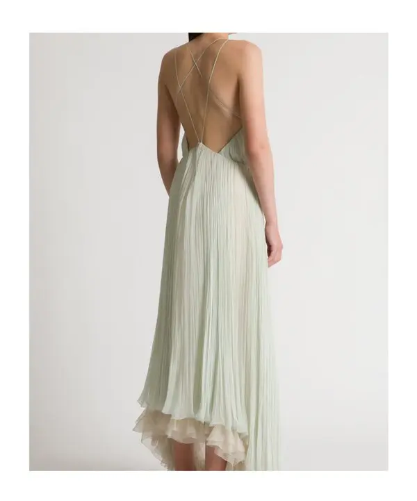 Alberta Ferretti Pleated Asymmetric Strappy Maxi Dress