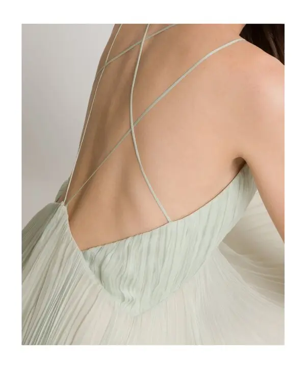 Alberta Ferretti Pleated Asymmetric Strappy Maxi Dress