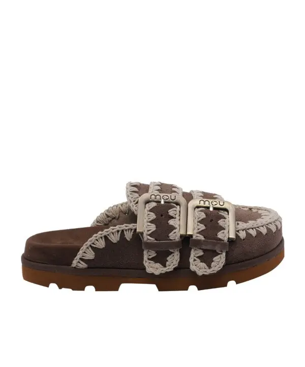 Mou Stitch Detail Buckle Mules - Black
