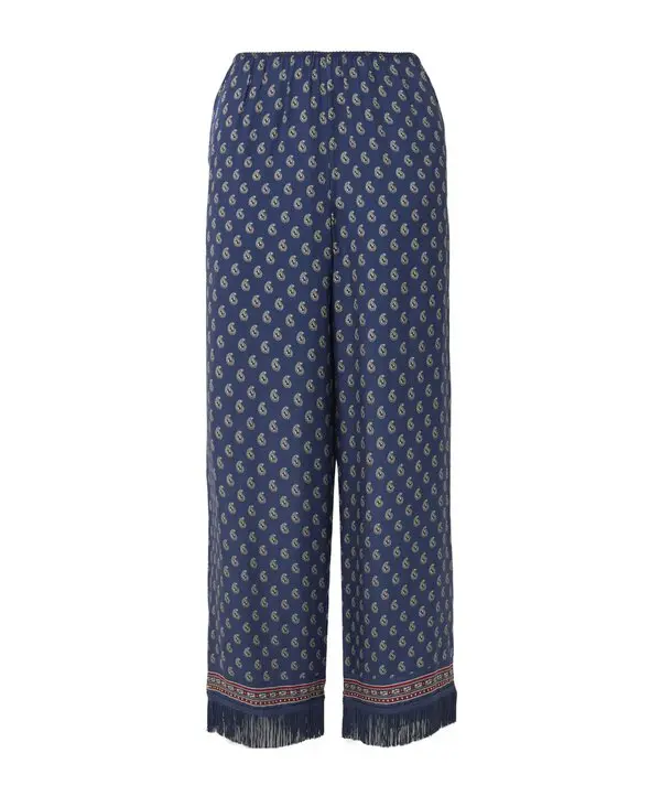 DÔEN Paisley Print Silk Straight-leg Pants With Fringe Detail - Blue