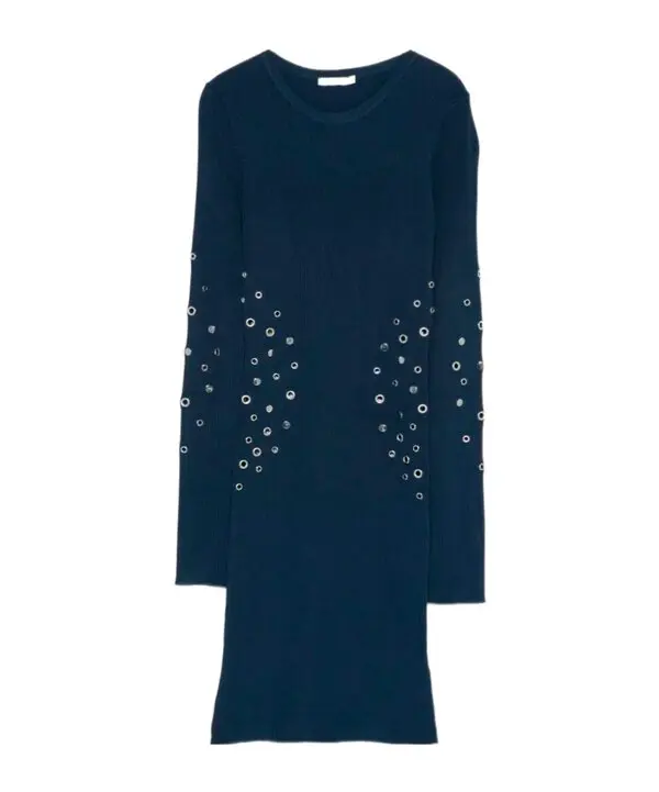 Patrizia Pepe Ribbed Knit Dress With Stud Embellishments - Blue