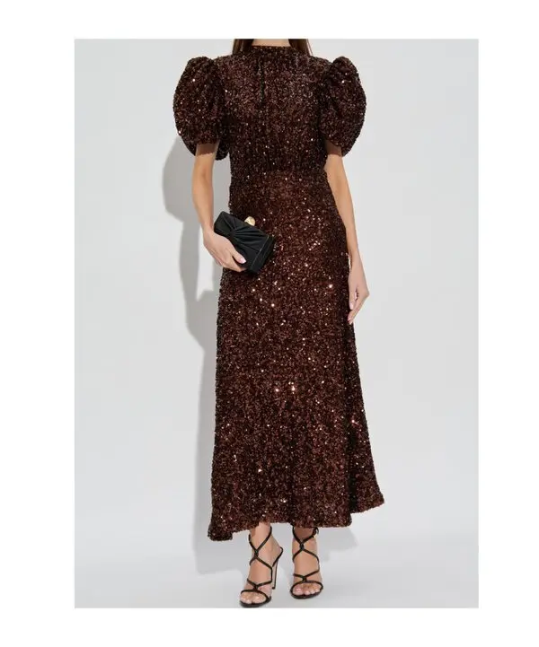 ROTATE BY BIRGER CHRISTENSEN Sequin Embellishment Puff Sleeve Midi Dress - Black