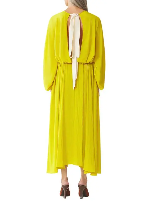 LANVIN Gathered Crewneck Midi Dress With Ruched Sleeves - Yellow