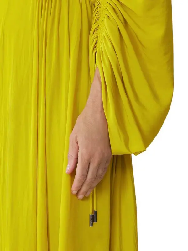 LANVIN Gathered Crewneck Midi Dress With Ruched Sleeves - Yellow