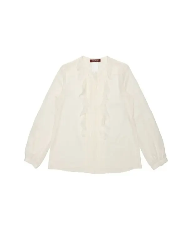 Max Mara Ruffled Round Neck Long Sleeve Top - White