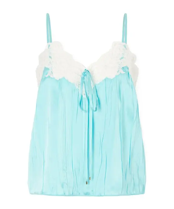 Chloé Lace-trimmed Crinkled Silk-satin Top - Turquoise
