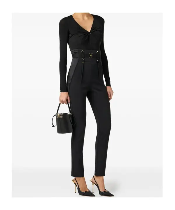 Elisabetta Franchi High-waisted Tailored Trousers With Satin Inserts And Logo Belt