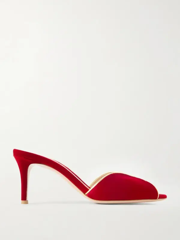 GIANVITO ROSSI Velvet Mules With Gold Leather Trim - Red
