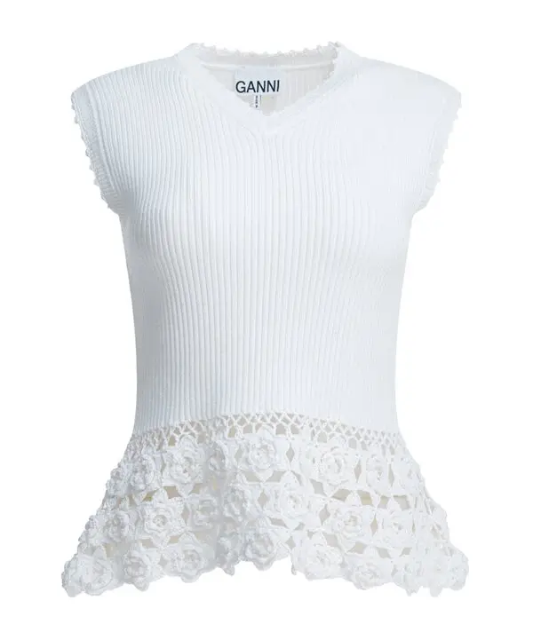 GANNI V-neck Sleeveless Crochet-hem Knit Top - White