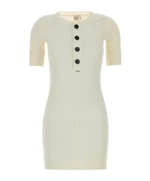 Chloé Buttoned Henley Mini Dress In Organic Cotton - Milk Color